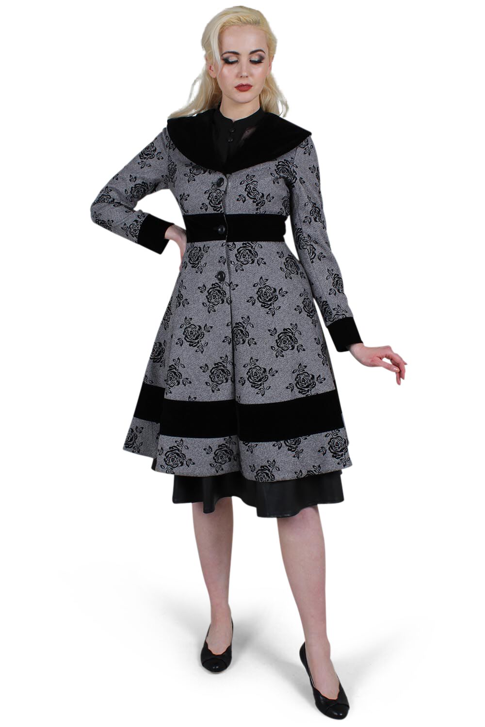 Flo Flocked Floral Wide Collar Flare Coat | Voodoo Vixen Mantel | EMP